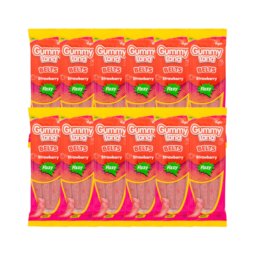 Gummy Land Strawberry Fizzy Belts Sweets 150g Case of 12 - GUMMY LAND ...